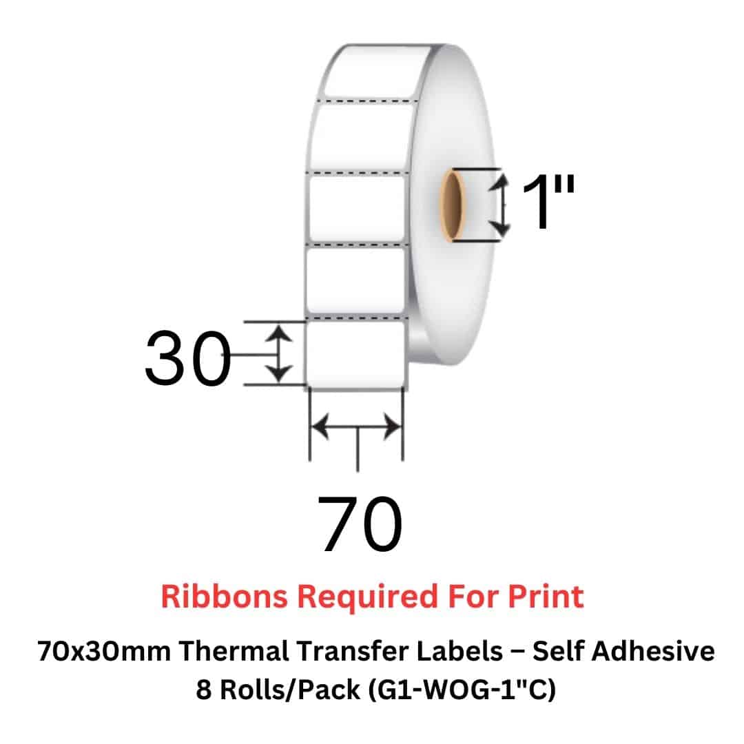 Thermal Transfer Label 70mmX30mm G1 WOG 1"C 1000/ROLL 1 Box = 8 Rolls ...